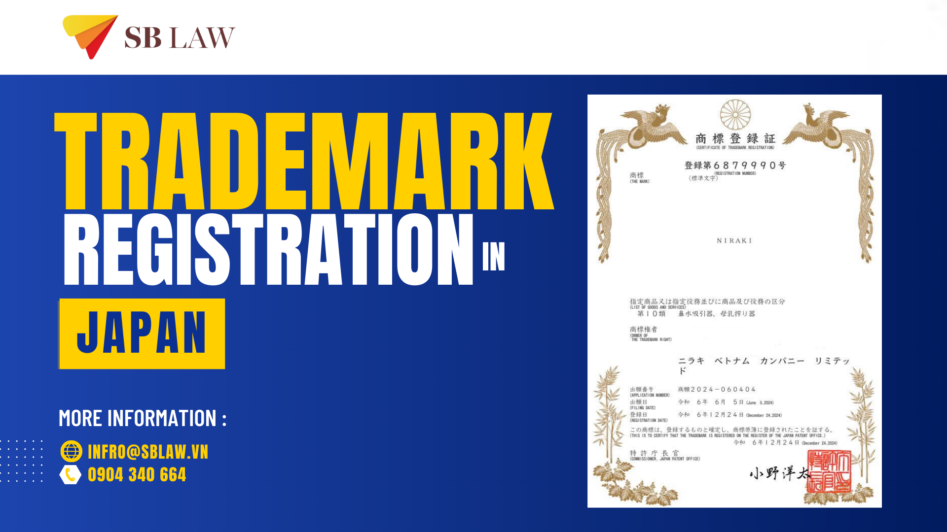 TRADEMARK REGISTRATION SUCCESS FOR "NIRAKI" IN JAPAN WITHIN LESS THAN 1 ...
